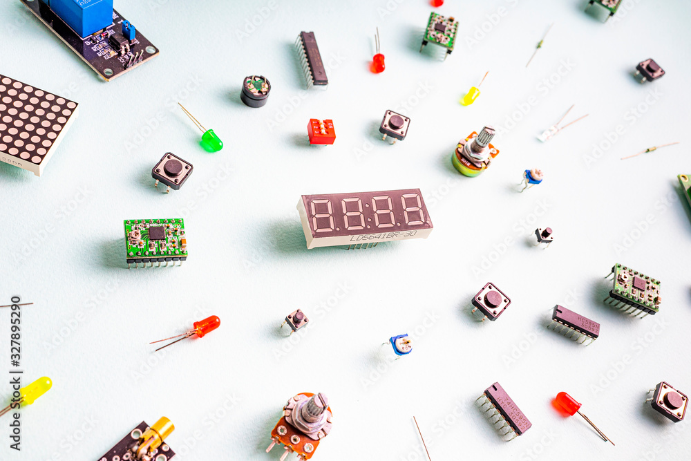 Micro electronics arduino DIY components on a light background, top ...