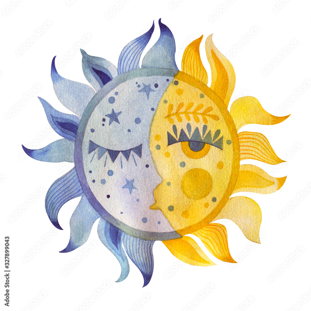 Sun disk with rays and face. Duality, day and night. Planet and space ...
