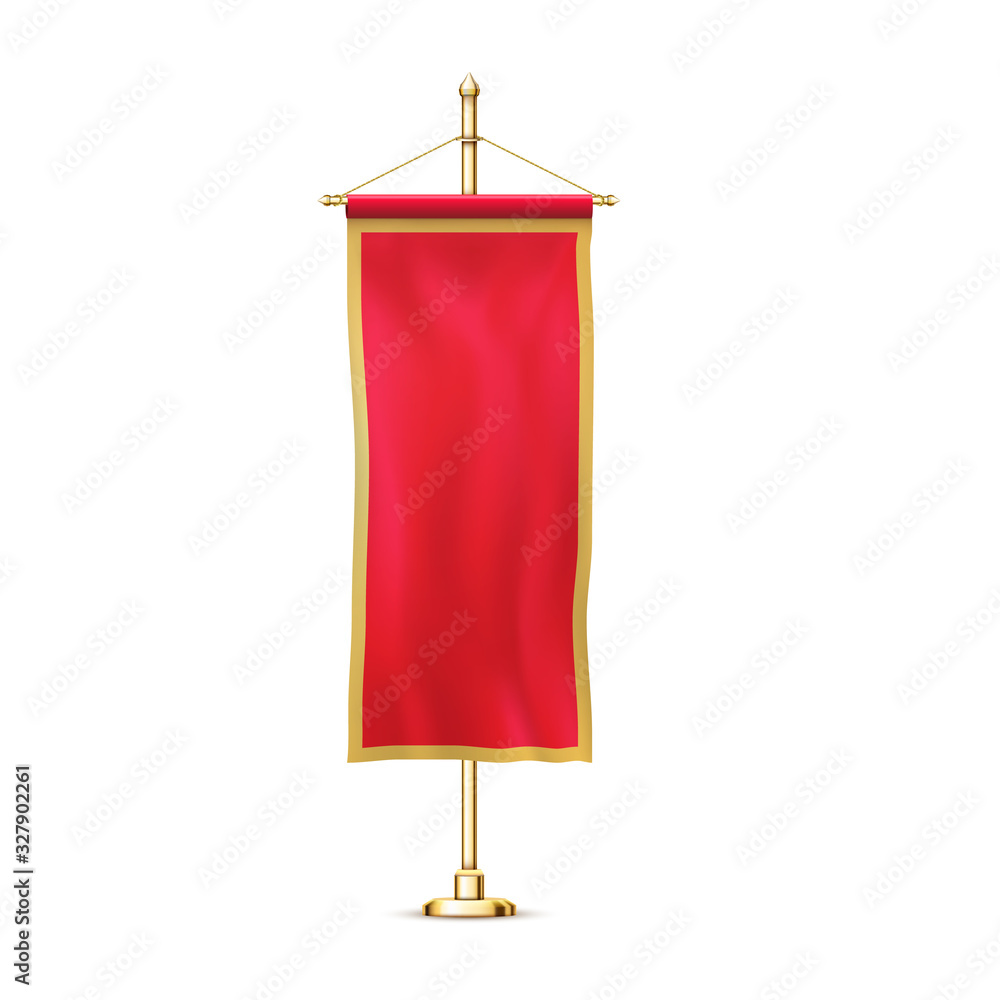 Blank red pennant flag mockup banner hanging golden rack pole realistic ...