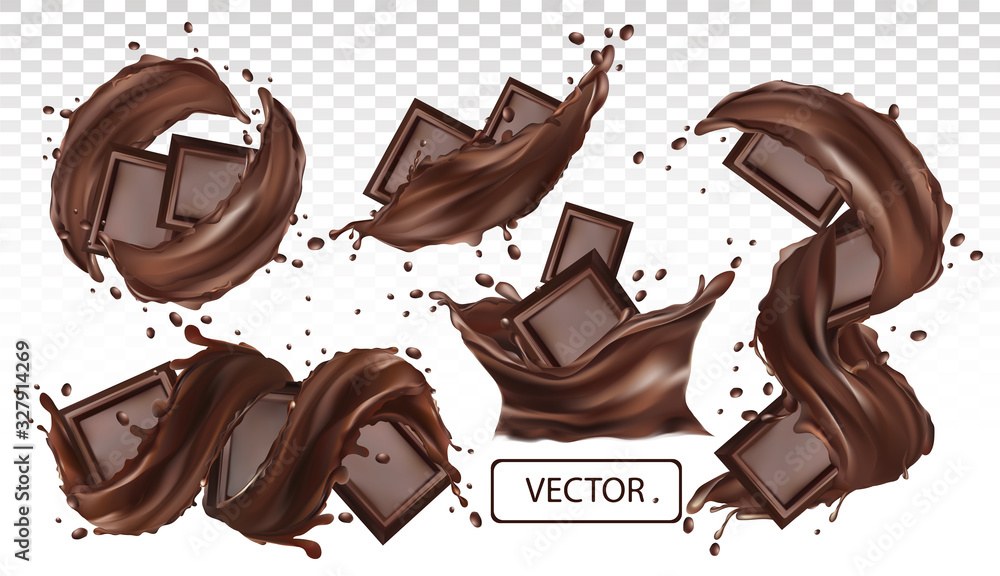 Vetor de Chocolate bar, cocoa butter, pastry sweets with splashing and ...