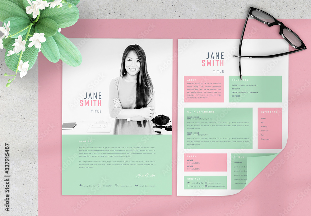 Resume and Cover Letter Layout Set with Pink and Mint Green Colorblock ...
