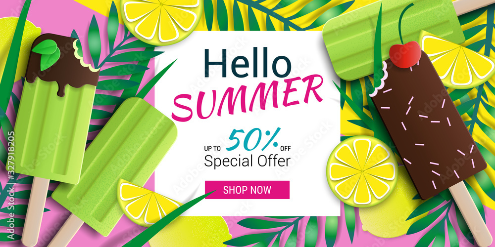Hello summer special offer template. Yellow, pink and green. Vector ...