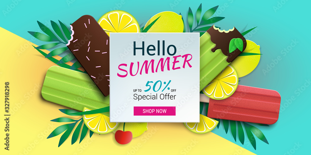 Hello summer special offer template. Yellow and Blue. Vector stock ...