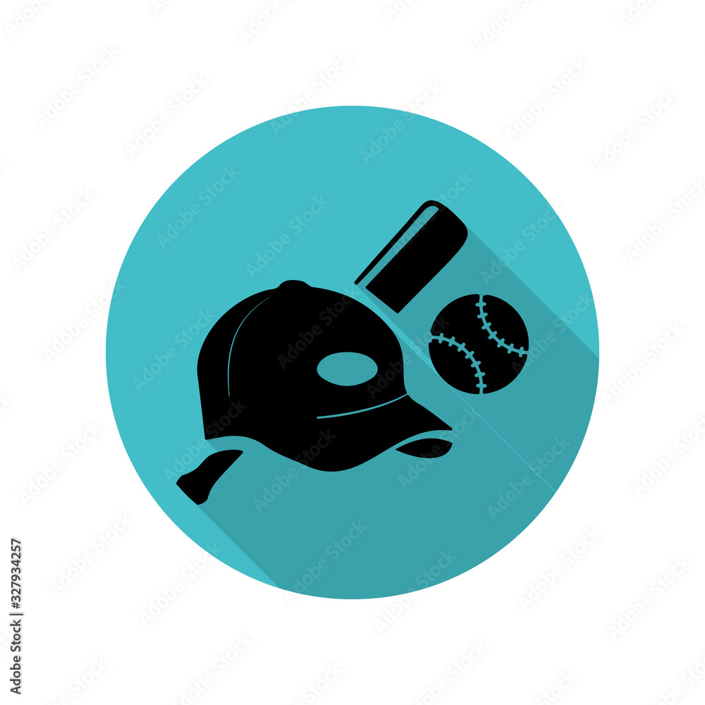 Baseball ball cap and bit long shadow icon. Simple glyph, flat vector ...