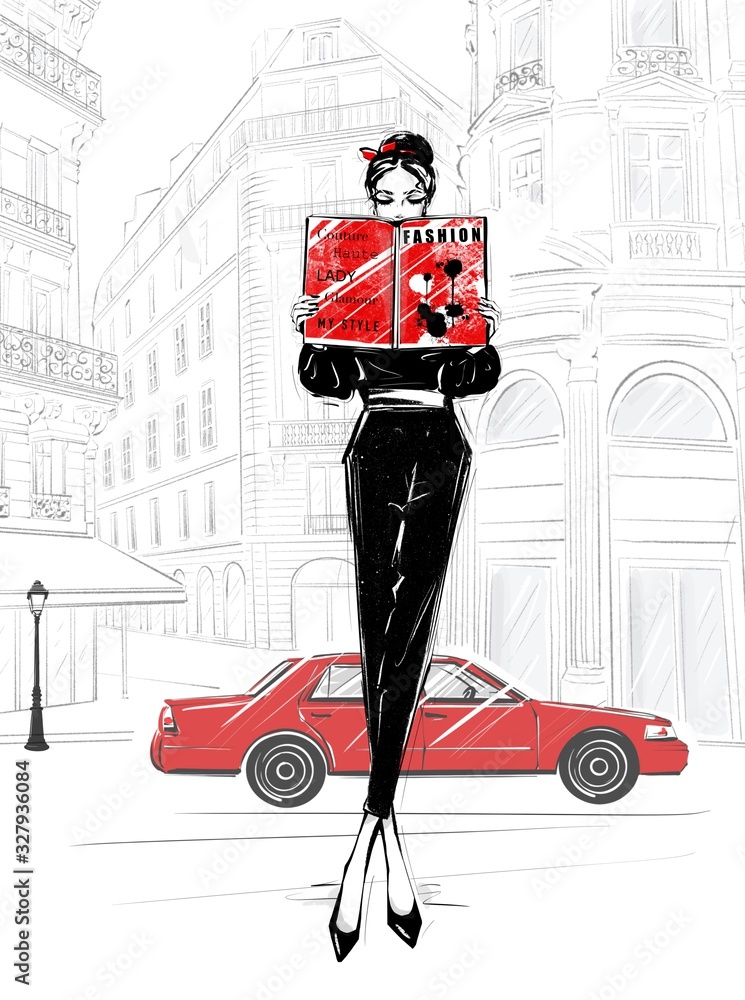 Hand drawn beautiful young woman with fashion magazine. Fashion look ...