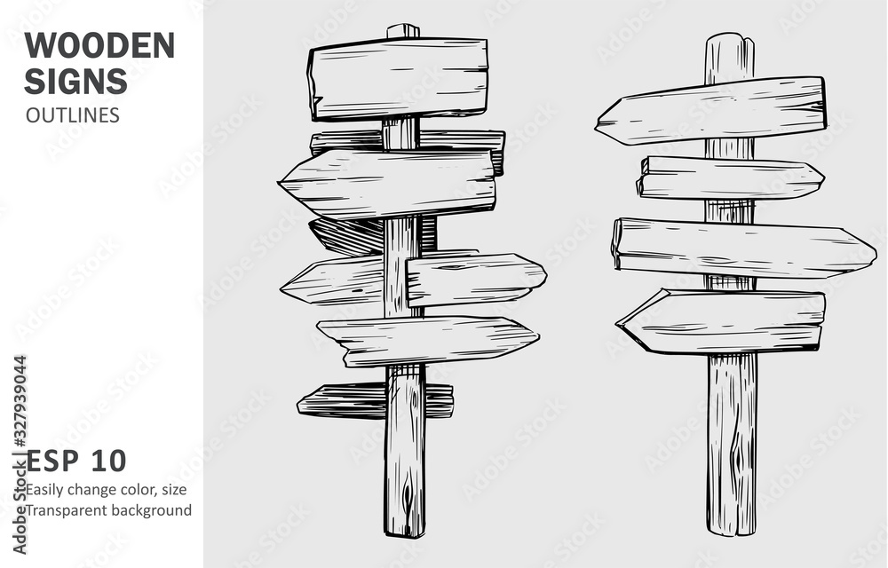 Sketches of wooden signs, hand drawn vector. Outline on transparent ...