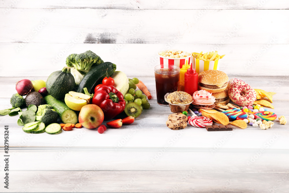 healthy or unhealthy food. Concept photo of healthy and unhealthy food ...