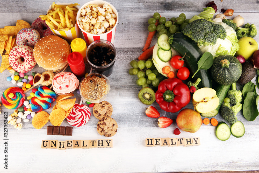 healthy or unhealthy food. Concept photo of healthy and unhealthy food ...