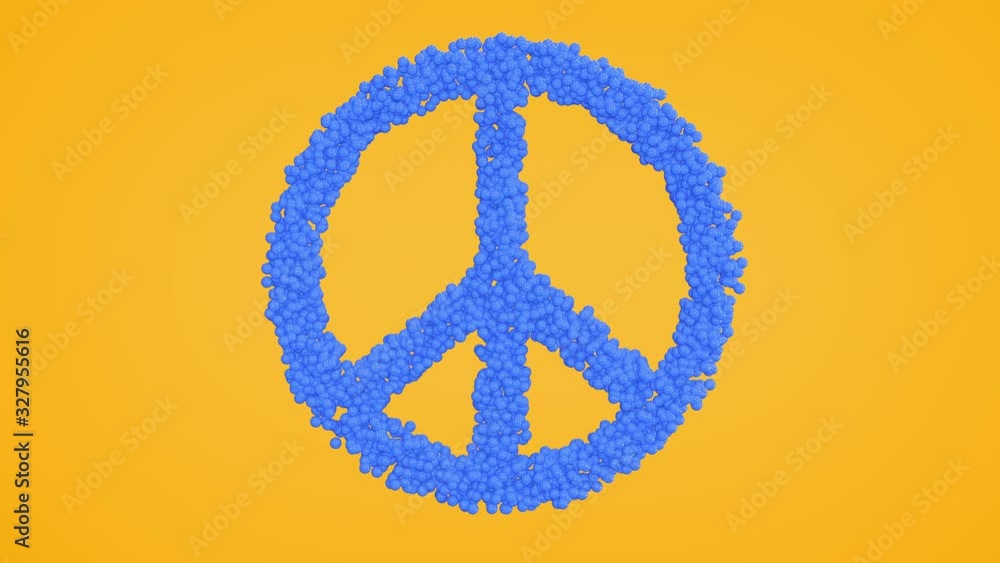 3d looped animation of peace symbol. Small balls shapes wavy surface ...