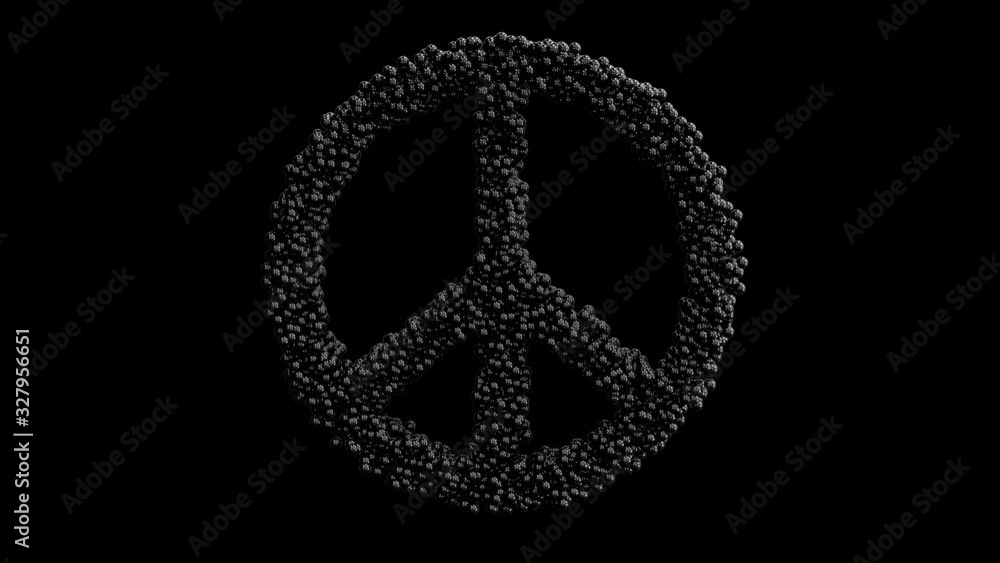 3d looped animation of peace symbol. Small balls shapes wavy surface ...