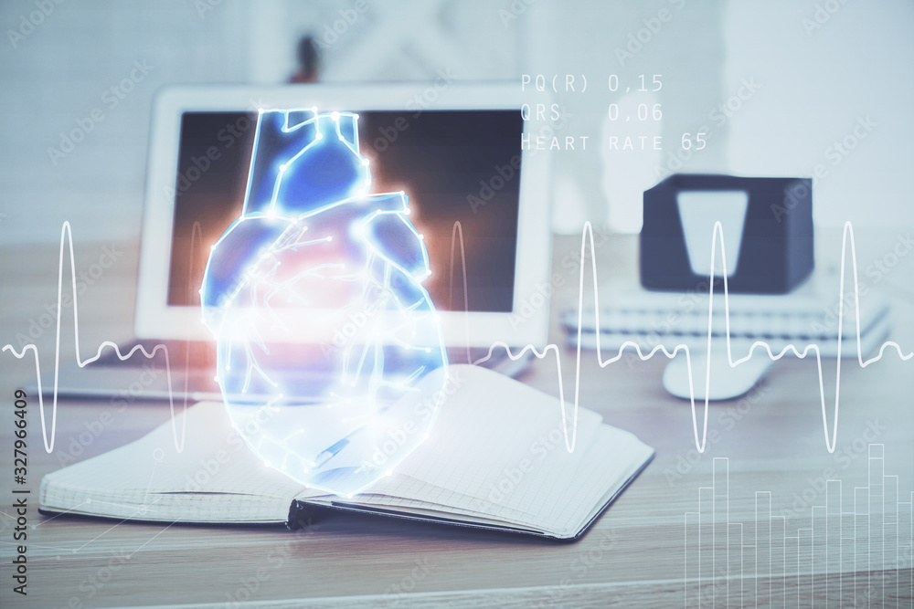 Desktop computer background and heart drawing. Double exposure. Medical ...