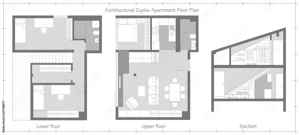 Architectural Duplex Apartment Floor Plans and section. Interior ...