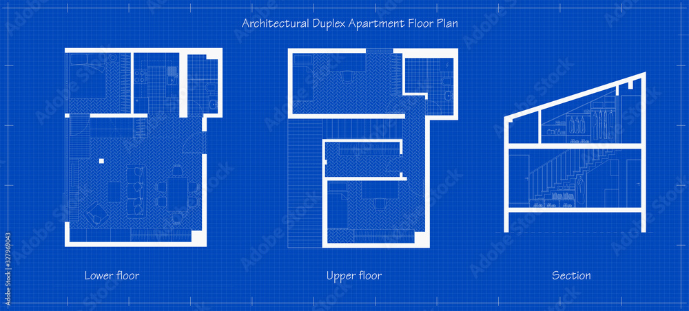 Blueprint of Architectural Duplex Apartment Floor Plans and section ...
