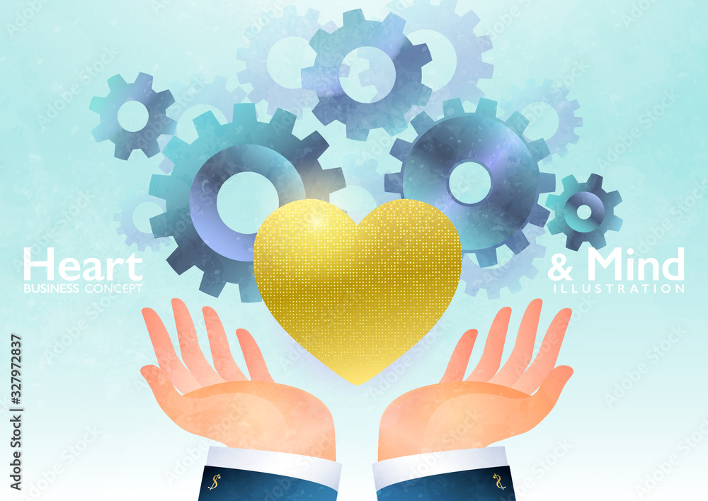Heart and Mind for Business Visual Concept. The hands lift the golden ...