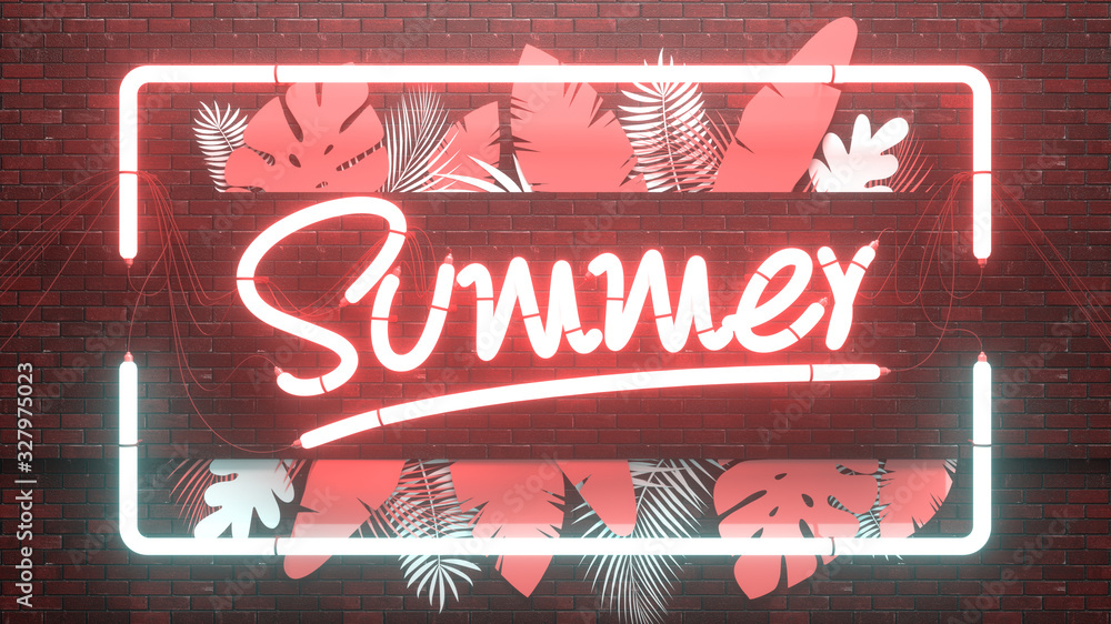 3D Trendy neon summer tropical design with exotic palm leaves and ...