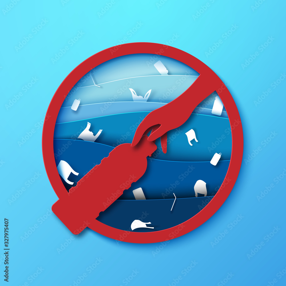 Stop ocean plastic pollution sign paper art style.Ecology and ocean ...