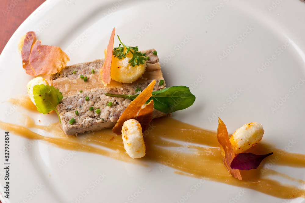 Duck Terrine. Traditional French cuisine a loaf of forcemeat or aspic ...