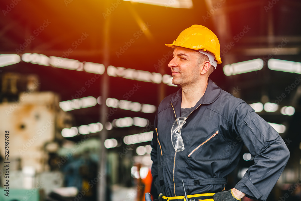 Happy worker, portrait smile handsome labor with safety suit tools belt ...