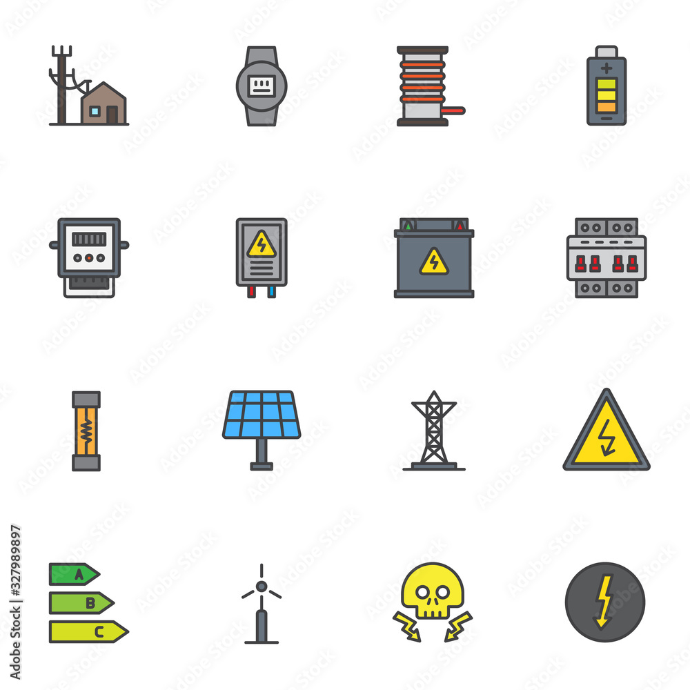 Electric power filled outline icons set, line vector symbol collection ...