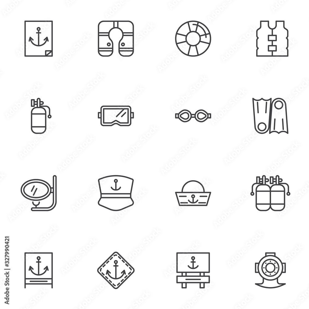 Swimming diving line icons set. linear style symbols collection ...