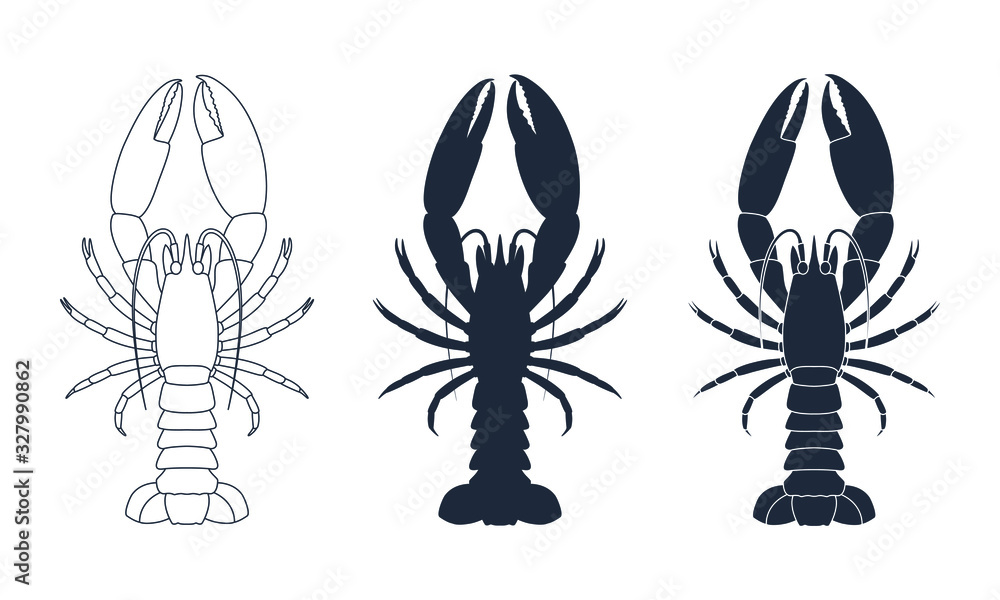 Lobsters graphic icons set. Sea lobsters contour, silhouette and sign ...
