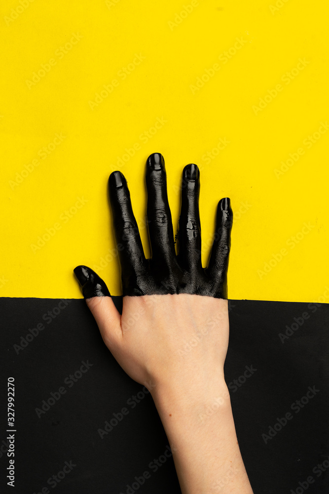 Contemporary art concept. Minimalistic poster design. Black hand ...