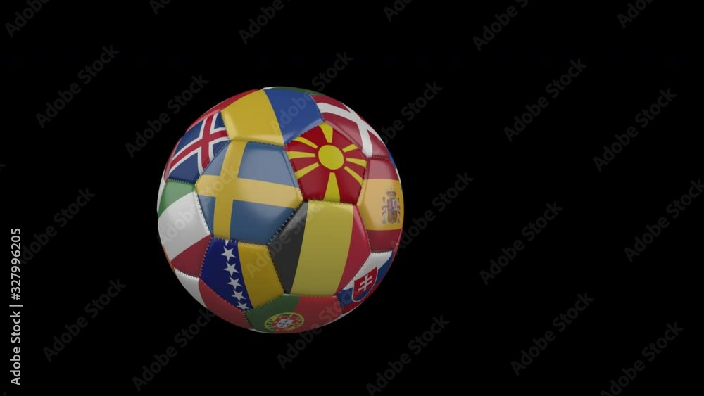 Flags of Euro 2 on slow flying and rotating soccer ball on a ...