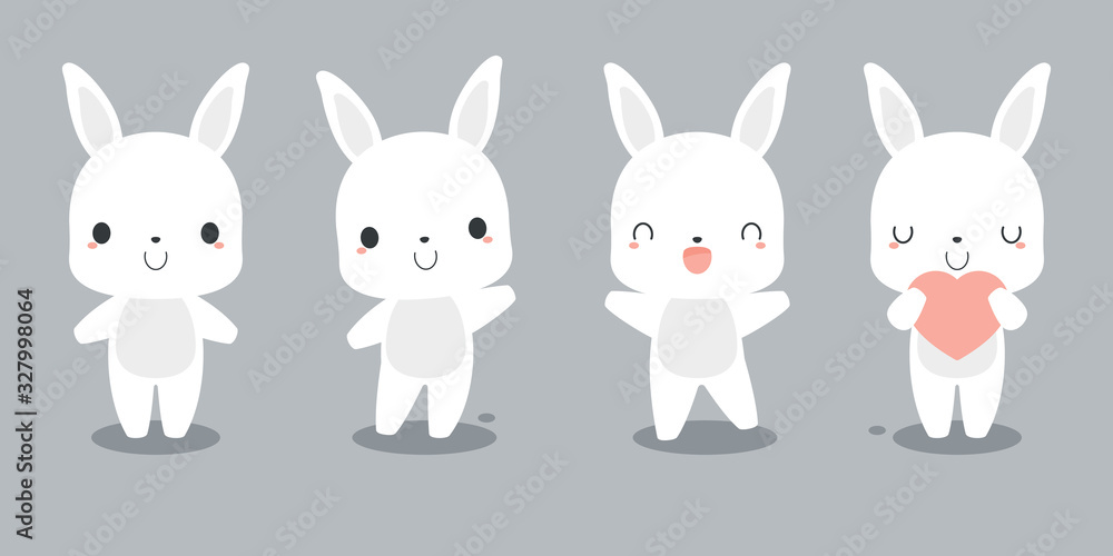 Set of cute white rabbit cartoon characters. Flat vector illustration ...