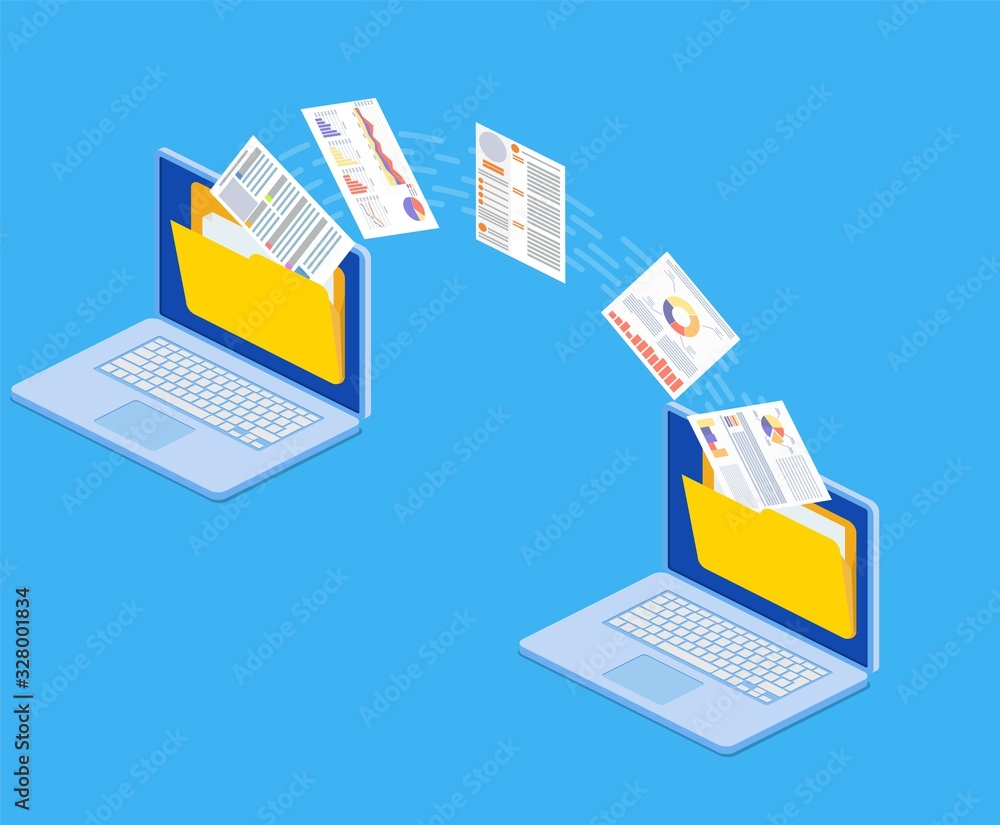 isometric File transfer. Two laptops with folders on screen and ...