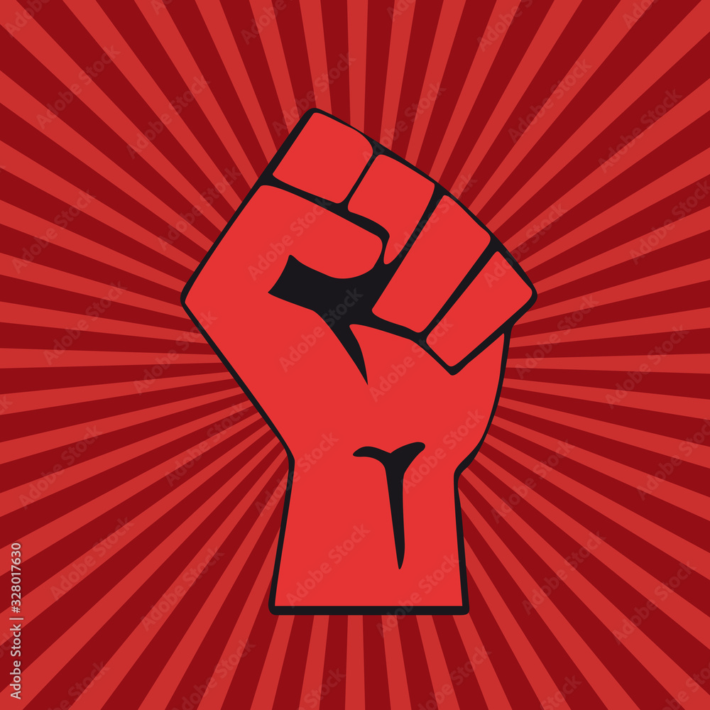 Vector raised hand.Concept of revolution or protest. Closed fist on red ...
