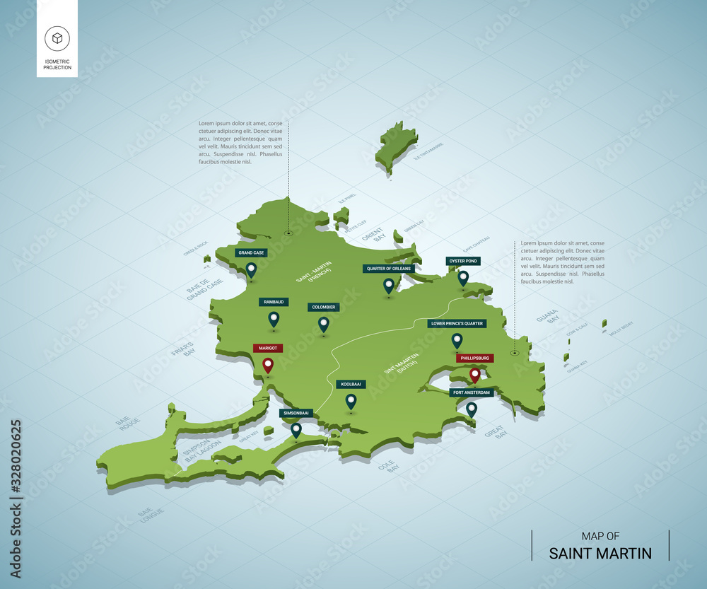 Stylized map of Saint Martin. Isometric 3D green map with cities ...