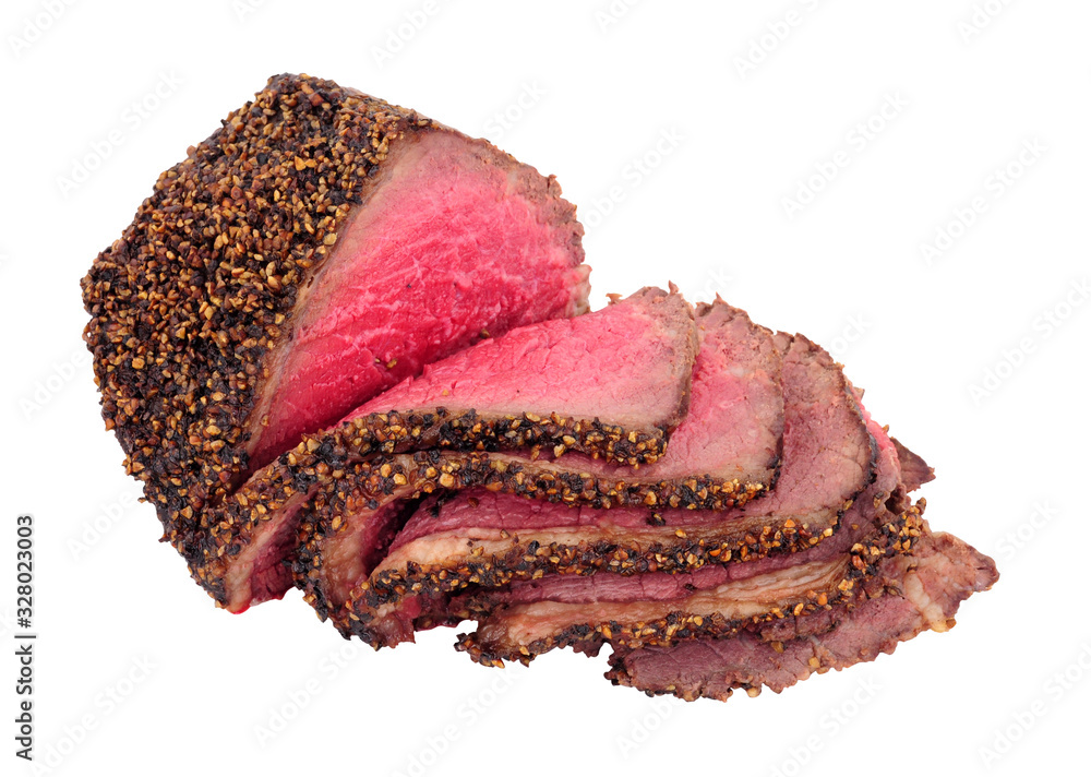 Rare cooked roasted pepper and salt covered beef rump joint also known ...