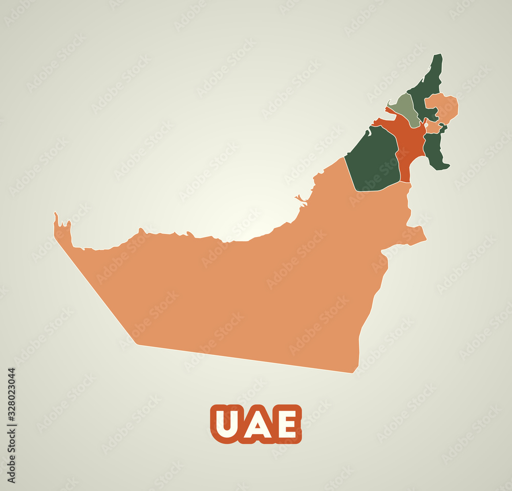 UAE poster in retro style. Map of the country with regions in autumn ...
