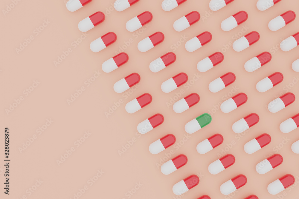 green pill capsule disrupting rows of red pills, 3D render, concept ...