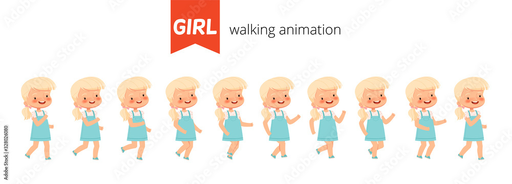 Set constructor animation walk of a little cute girl. Poses of a ...