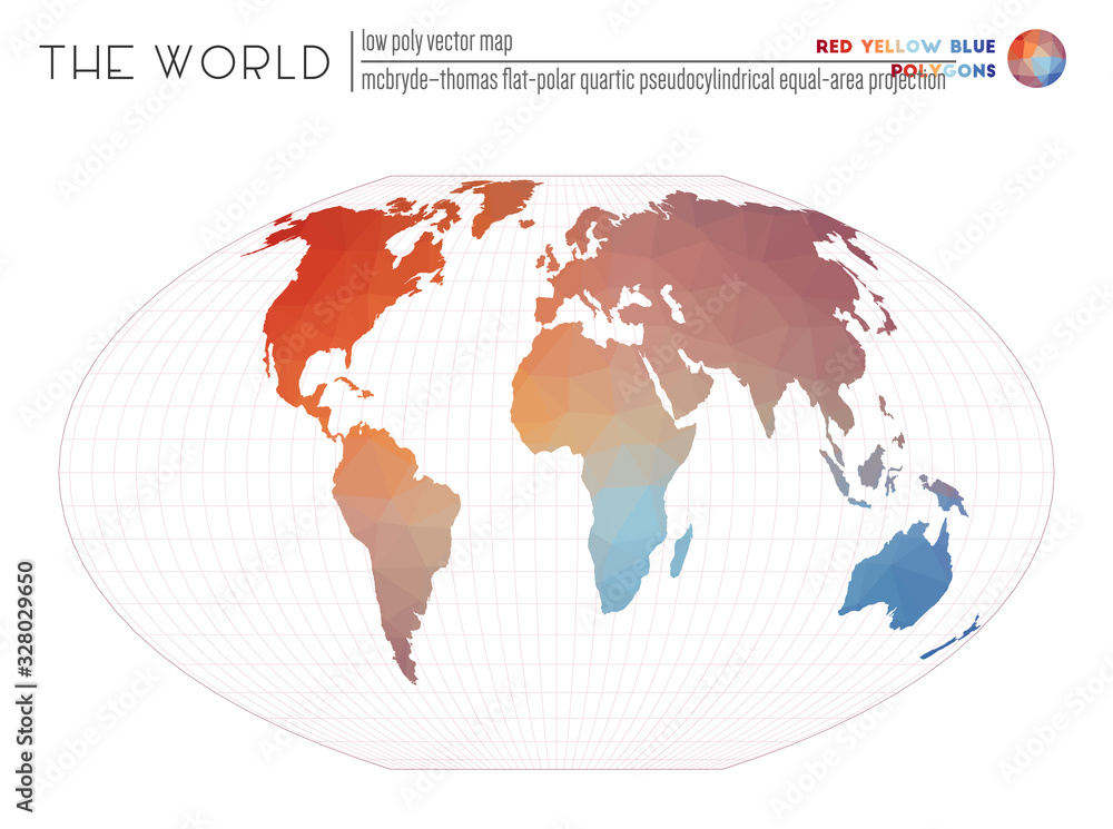World map with vibrant triangles. McBryde-Thomas flat-polar quartic ...