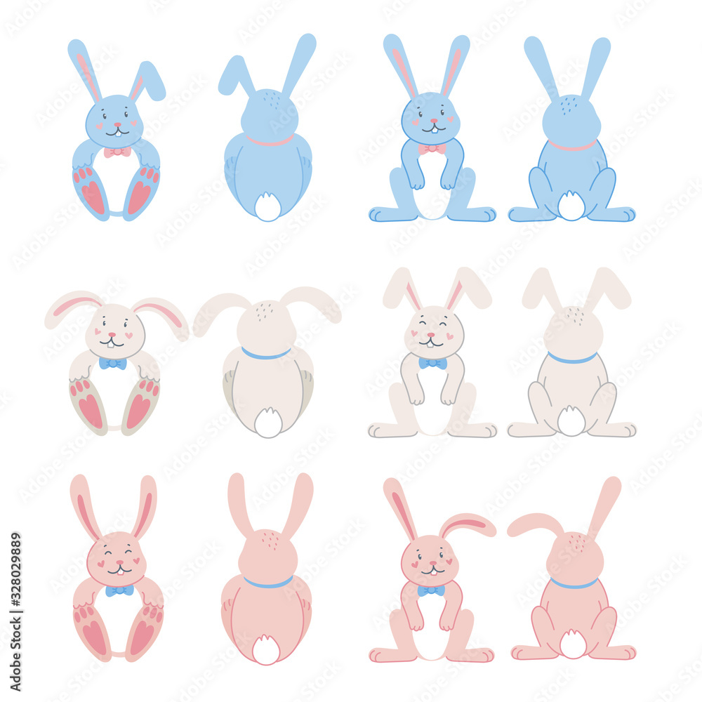 Easter rabbits. Easter cartoon bunny from front and back side on white ...