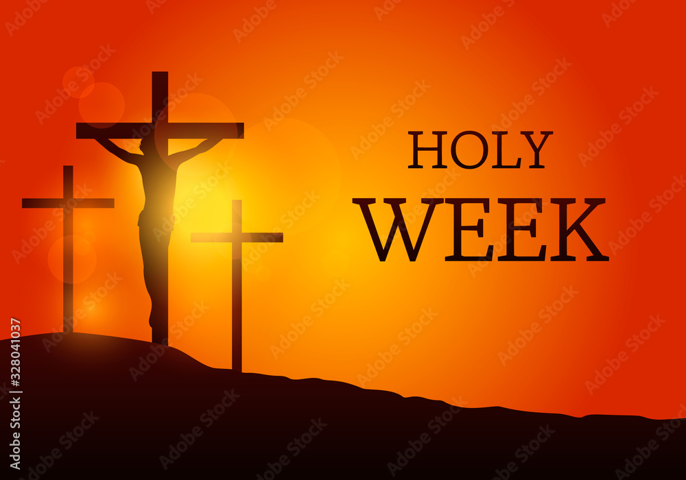 Crucifixion of Jesus Christ on the cross at Calvary against a sunset ...