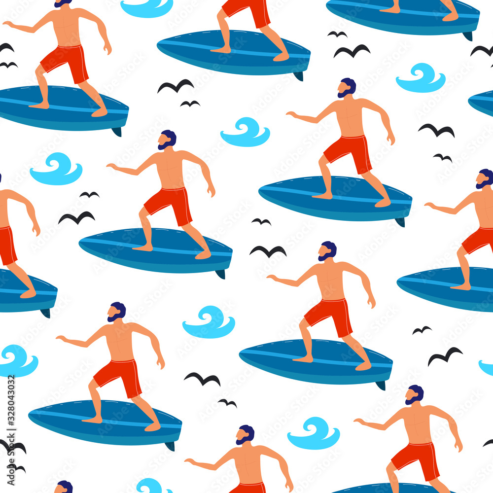 summer seamless pattern with cartoon surfing boys on the surf boards ...