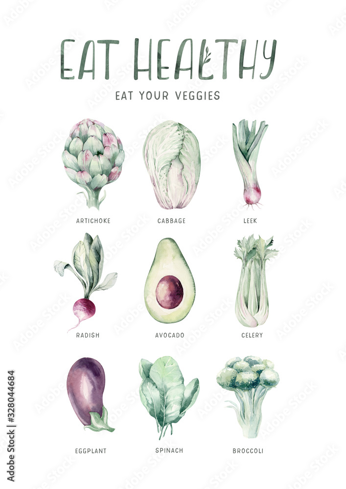 Vegetables healthy green organic set hand drawn watercolor diet menu ...