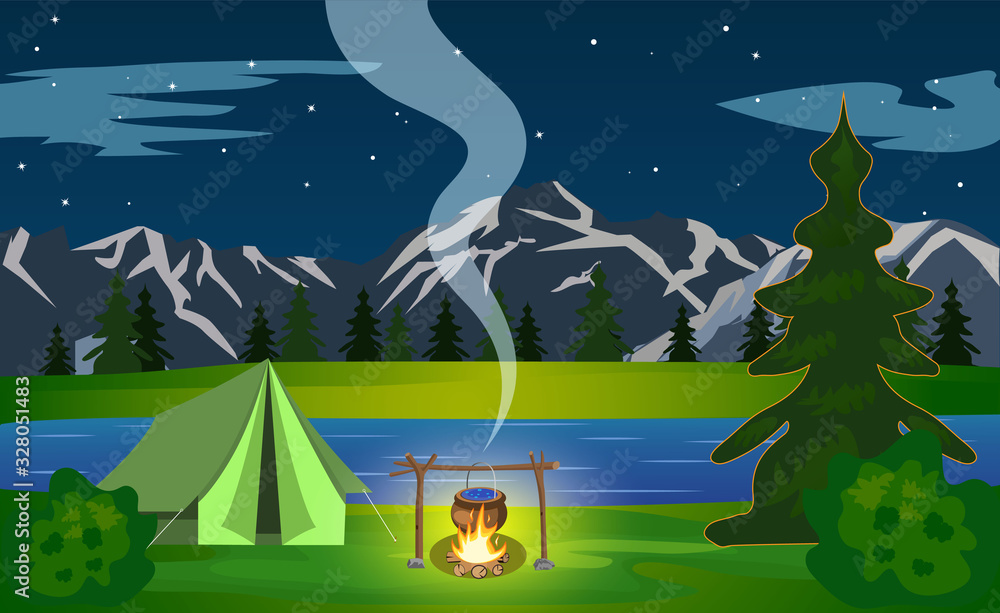 People in Touristic Camp near River with Tent. Travel, Backpacking Flat ...