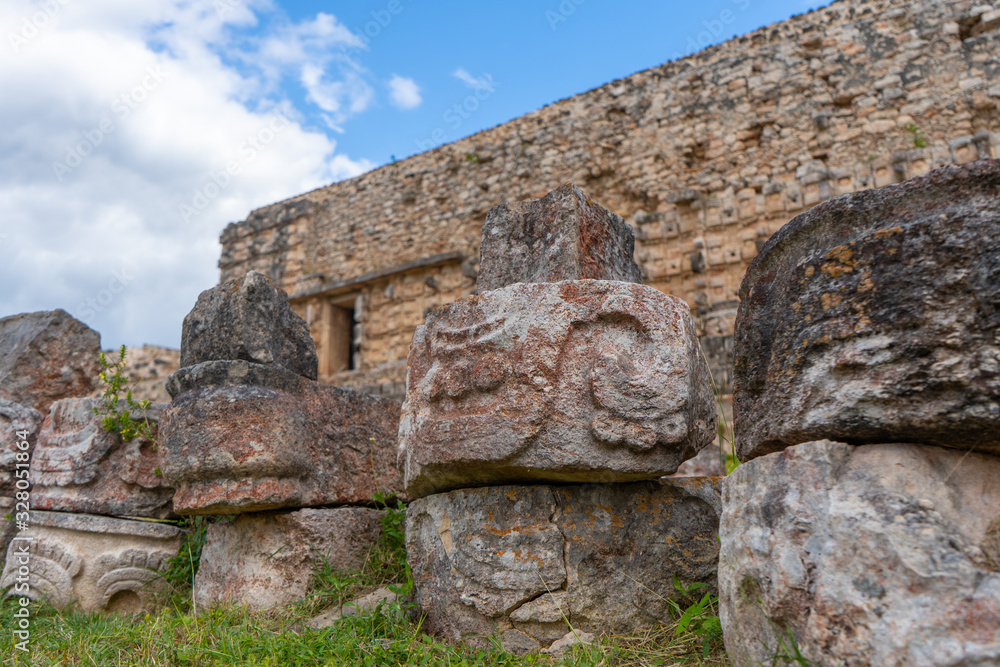 Traditional Mayan symbols. Fragment of palace of the Masks (Codz Poop ...