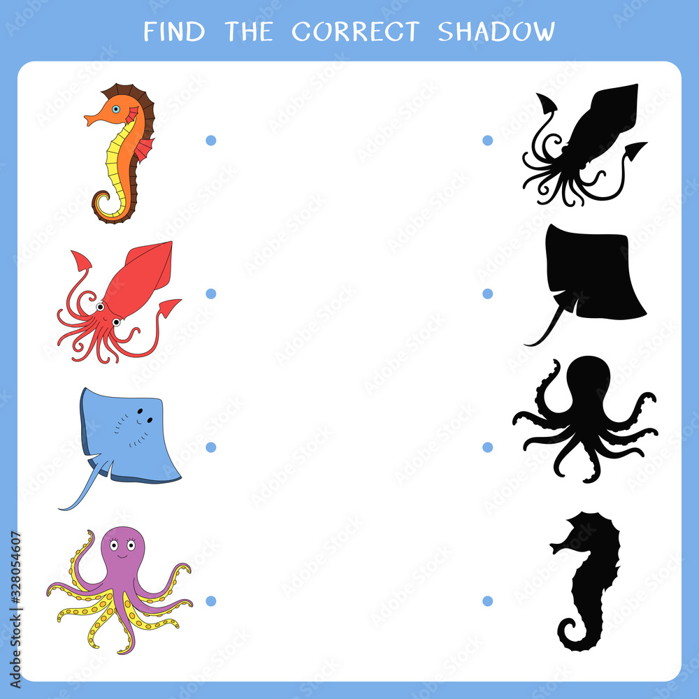 Find The Correct Shadow For Sea Animals Worksheet Of Simple
