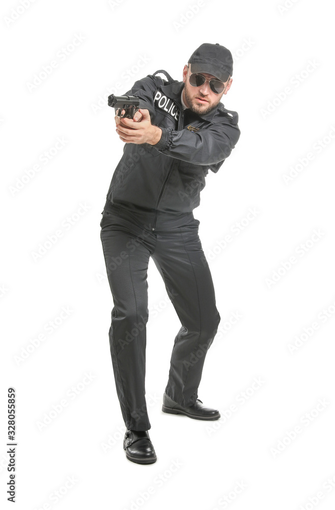 Male police officer with gun on white background Stock Photo | Adobe Stock