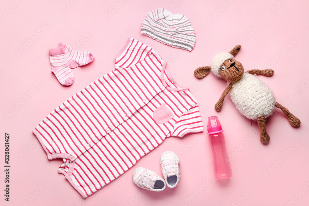 Baby clothes and accessories on color background Stock Photo | Adobe Stock