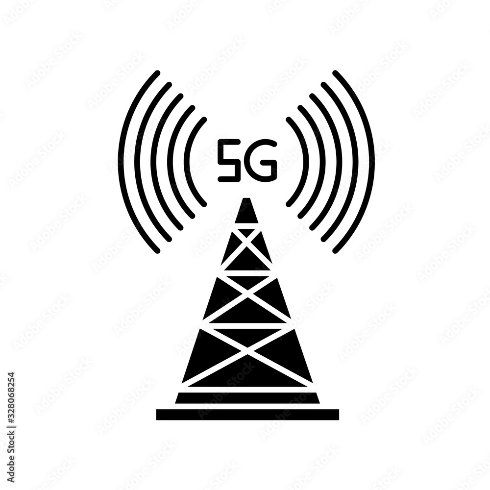 5G cell tower black glyph icon. Wireless technology. Fast connection ...