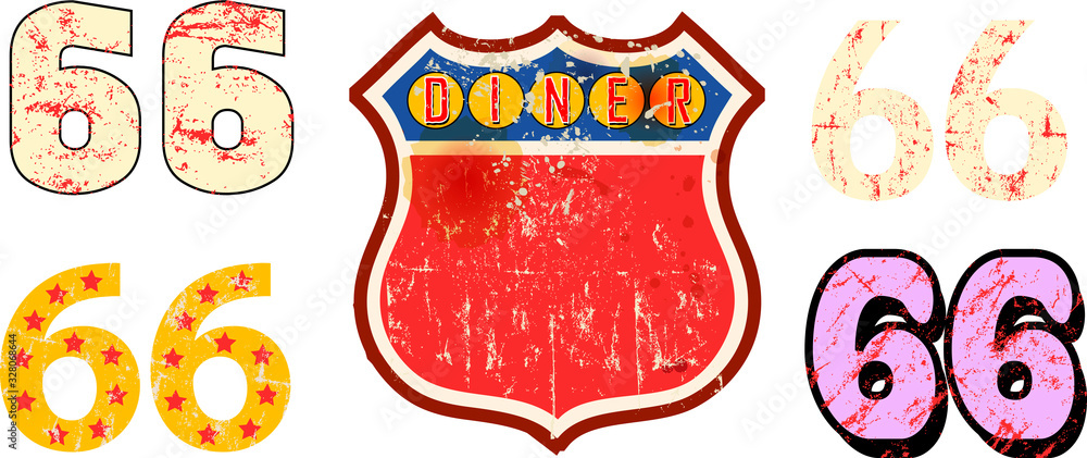 vintage battered blank route 66 diner sign mock up with various ...