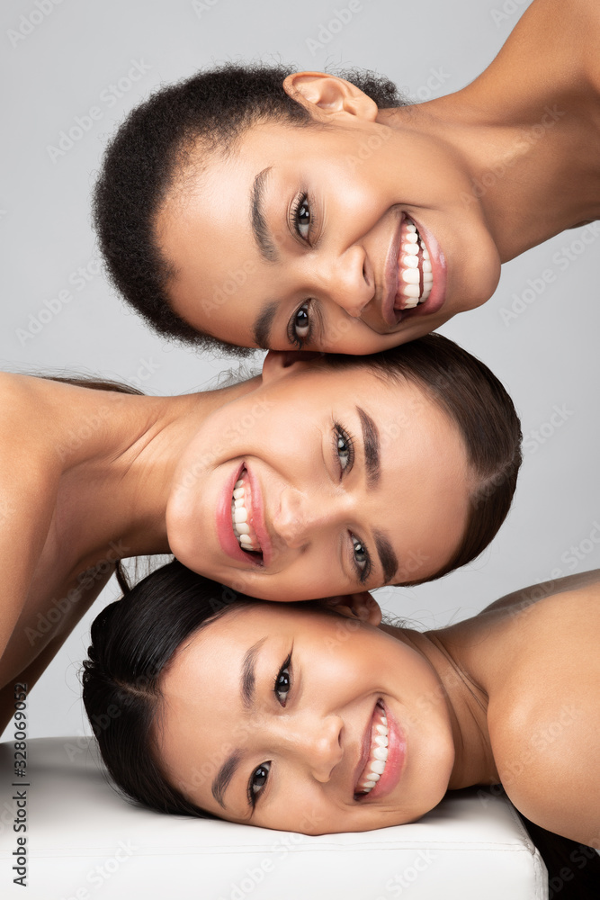 Three Multicultural Ladies Posing Over Gray Background, Beauty Portrait ...