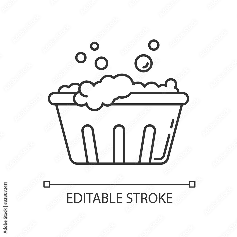 Handwash pixel perfect linear icon. Soaking laundry, wash basin with ...