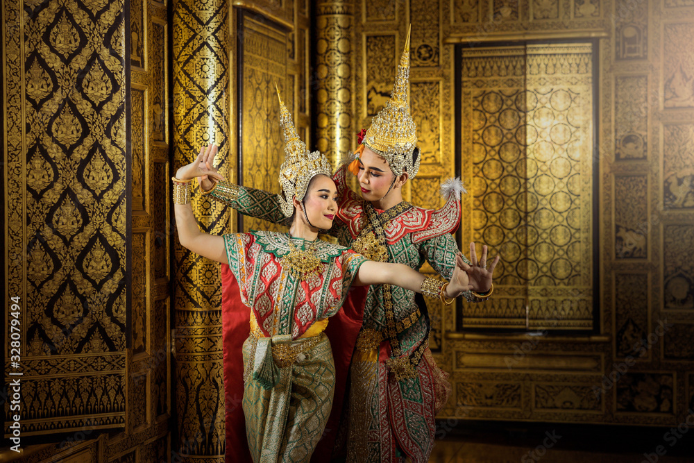 Art culture Thailand Dancing in masked khon Benjakaj and Hanuman in literature amayana,thailand ...